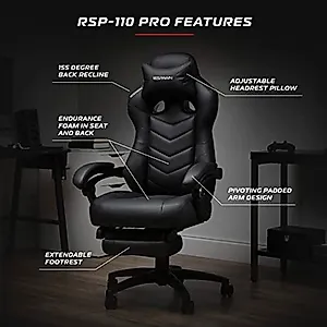 RESPAWN 110 Pro Gaming Chair - Gaming Chair with Footrest, Reclining Gaming Chair, Video Gaming Computer Desk Chair, Adjustable Desk Chair, Gaming Chairs For Adults With Headrest Pillow - Black