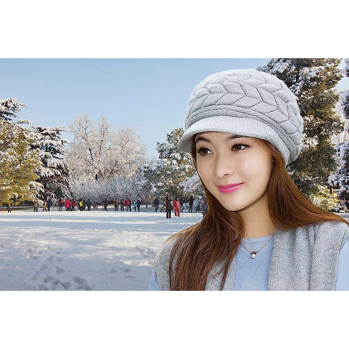 HINDAWI Womens Winter Hat and Gloves Set for Girls Wool Knit Skull Cap with Visor,Grey