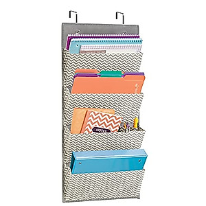mDesign Soft Fabric Wall Mount/Over Door Hanging Storage Organizer - 4 Large Cascading Pockets - Holds Office Supplies, Planners, File Folders, Notebooks - Chevron Zig-Zag, 2 Pack - Taupe/Natural