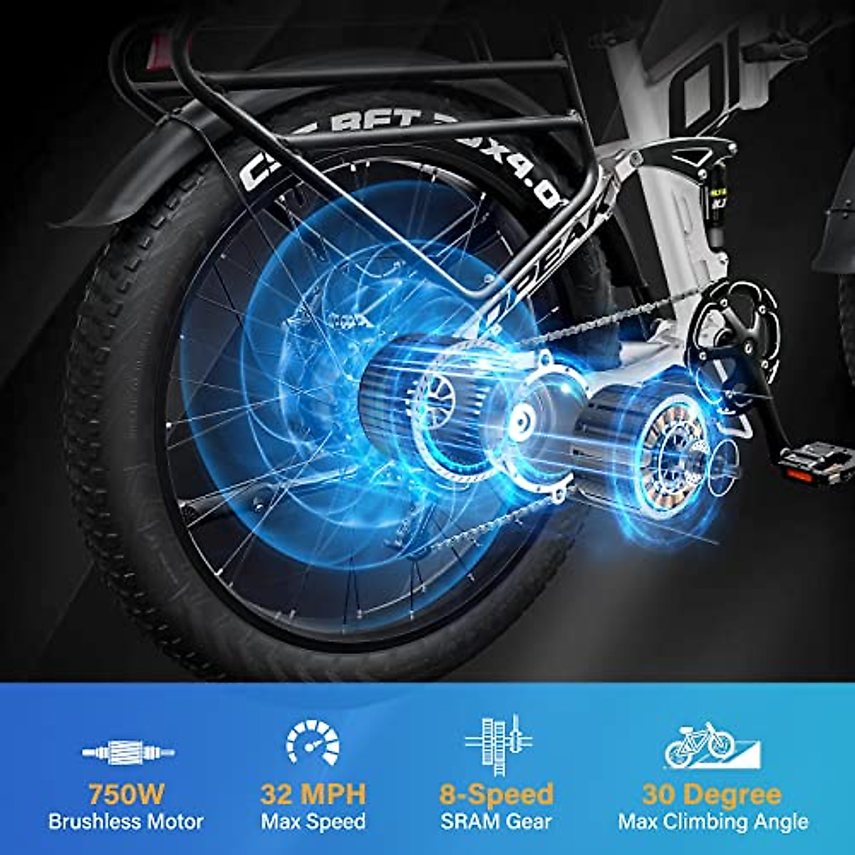 OPEAK Electric Bike for Adults Electric Mountain Bicycke with 750W High Speed Motor, 48V 12Ah Removeable Battery, E-Bike with 8 Speed Gear, 26'' x 4'' Fat Tire Suspension Fork (UNIK - White)