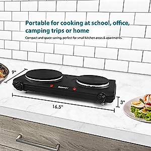 Elite Gourmet EDB-302BF Countertop Double Cast Iron Burner, 1500 Watts Electric Hot Plate, Temperature Controls, Power Indicator Lights, Easy to Clean, Black