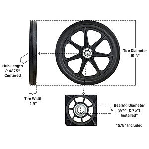 Marathon 92001-2PK 20x2.0 Flat Free Ribbed Tread Cart Tire on Plastic Rim, 3/4" Bearing, Non-Marking, 250-Pound Load Capacity, 2 Pack