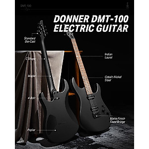 Donner Solid Body Electric Guitar, Matte Finish 39 Inch Metal Electric Guitar Beginner Kits with Bag, Strings, Strap, Cable, Strings Dampener for Rock Music Lover, DMT-100 (Matte Black)