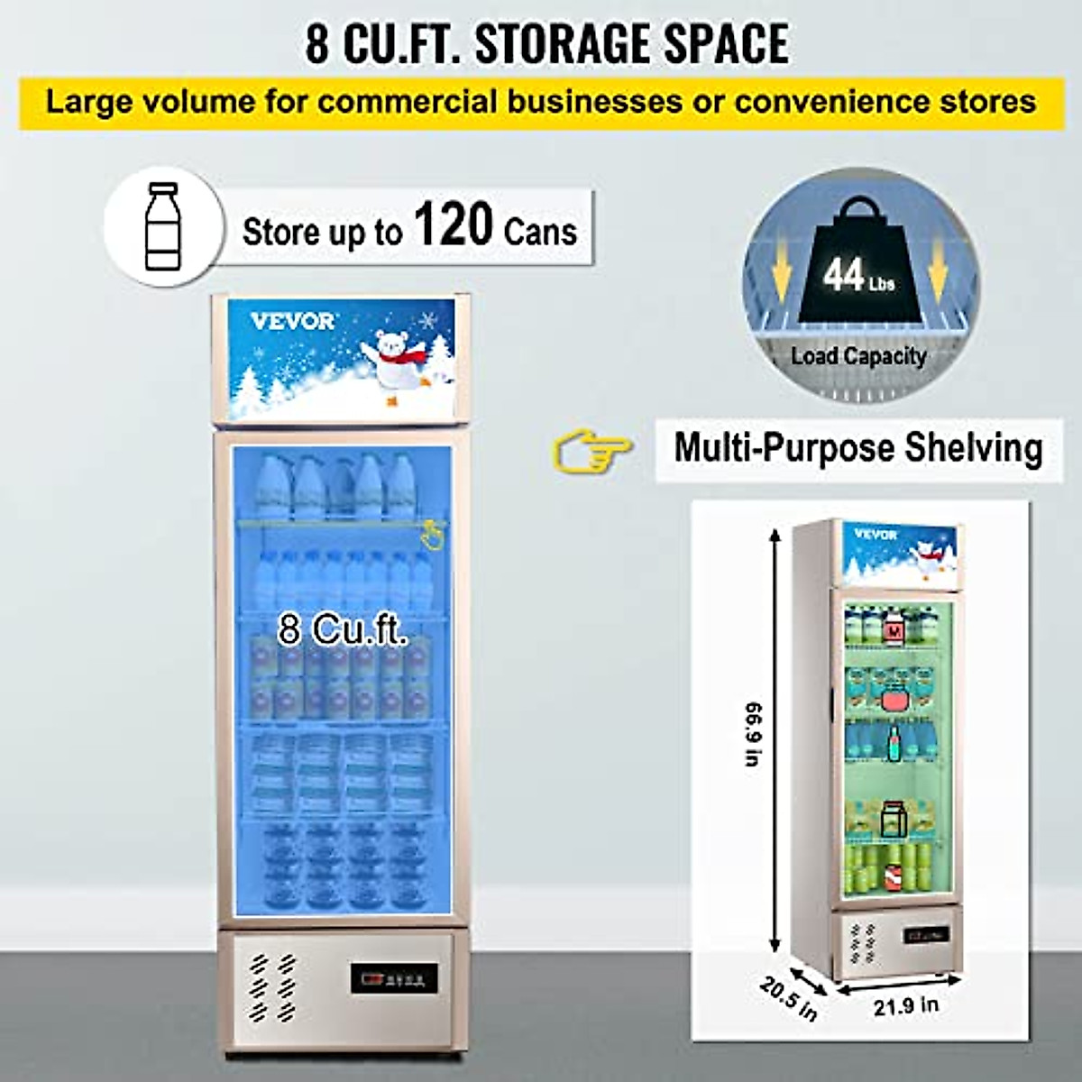 VEVOR Commercial Refrigerator,Display Fridge Upright Beverage Cooler, Glass Door with LED Light for Home, Store, Gym or Office, (8 cu.ft. Single Swing Door)