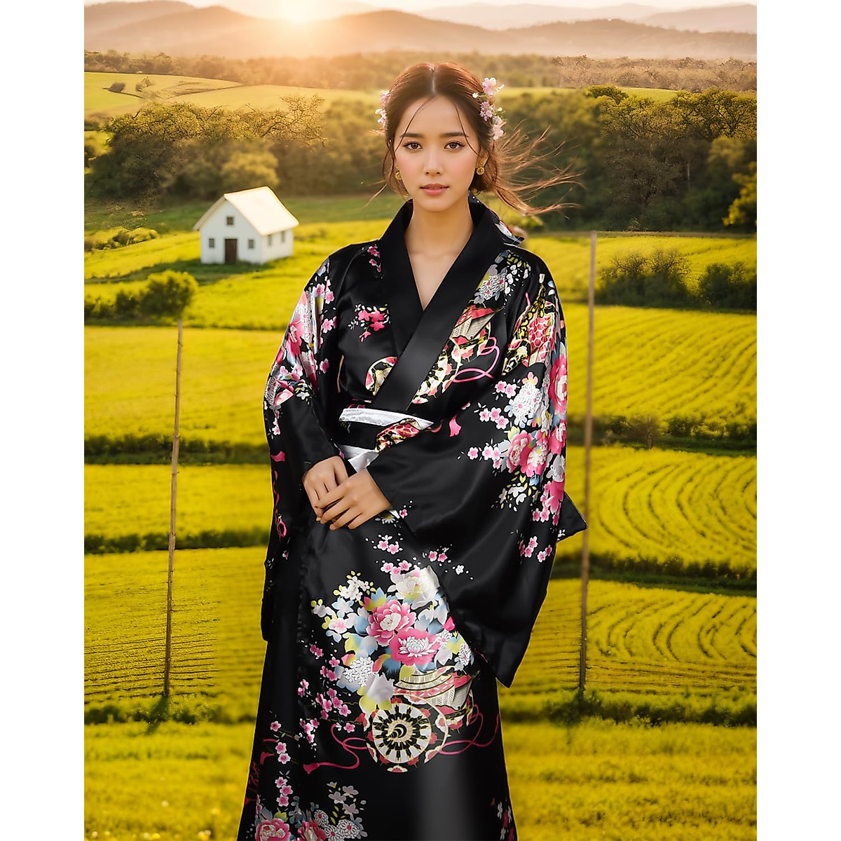 PLULON 5Pcs Japanese Robe Geisha Yukata Dress Blossom Satin Bathrobe with Drawstring Bag Hand Fan Hairpin Tabi Socks Set for Women