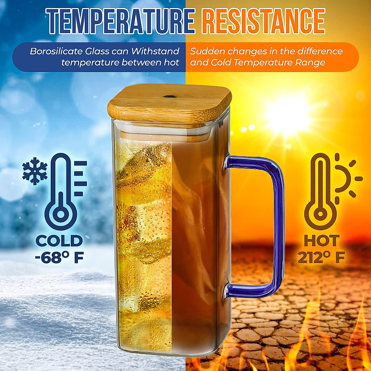 3pcs Glass Cup with Bamboo Lid and Straw Clear Tall Coffee Mugs with Handle for Iced Coffee, Tea, Beverages Aesthetic Cups in Blue/Green/Pink –13.5fl oz