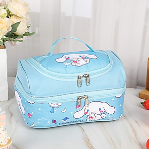 Cute Lunch Bag with Stickers - Cartoon Foldable Double Lunch Bag Large Compartment Lunch Tote Bags Insulated lunch box Bag for Work Travel School