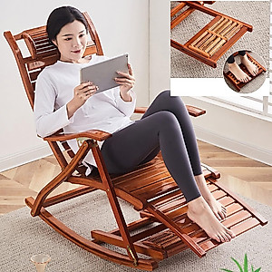 MOOTEK Folding Bamboo Rocking Chair, Old Man Lunch Break Solid Wood Lounge Chair, 5 Adjustable Back Chairs, with Armrest Foot Massage Pillow, Portable Outdoor Beach Terrace Chair