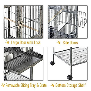 PawHut Divided Breeder Bird Cage with Rolling Stand Removable Metal Tray, Storage Shelf, Wood Perch, and Food Container