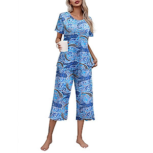 Ekouaer Women's Pajamas Set Short Sleeve Top With Capri Pants Pjs Lounge & Sleepwear SetCashew Navy BlueXX-Large
