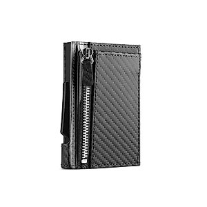 ÖGON -DESIGNS- Cascade Wallet for coins Automatic aluminum and leather Wallet - Compact metal RFID blocking card holder - Easy card access pop-up cards - Carbon Leather/Black Aluminium