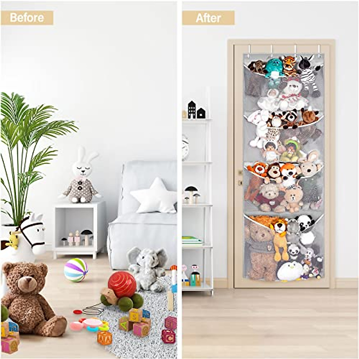 Hanging Stuffed Animal Storage, Over The Door Large Plush Toy Organizer with Metal Hook, Baby Accessories Holder Idea for Nursery, Doll & Teddy Bear Mesh Hammock Bag for Girls Boys Kids Room