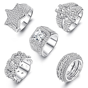 Sanfenly Iced Out Rings for Men Bling Fake Diamond Costume Pinky Rings Chunky Silver 80s 90s Hip Hop Rings Star Cuban Chain Square US Dollar Sign Cool Rapper Ring Fashion Cosplay Man Jewelry Ring Set