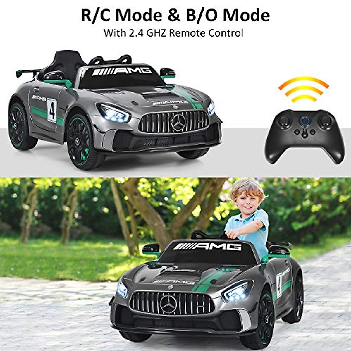 Costzon Ride On Car, 12V Licensed Mercedes Benz AMG Electric Vehicle w/Remote Control, Opening Doors, Head/Rear Lights, Swing Function, MP3 USB TF Input, Horn, High/Low Speed for Kids (Silver)