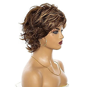 SENHORAS Short Hair Wigs for White Women Dark Brown Mixed Blonde Pixie Cut Wig with Bangs Brown with Highlights Wavy Synthetic Wig Natural Real Hair