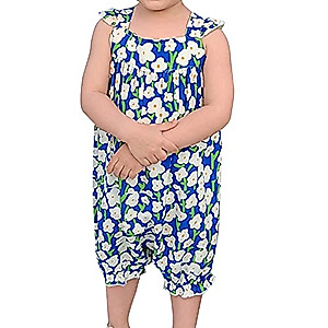 Qwent Romper for Toddler Girls Baby Rustic Floral Pattern Print Suspender Romper Jumpsuit Playsuit Holiday (Blue, 2-3 Years)