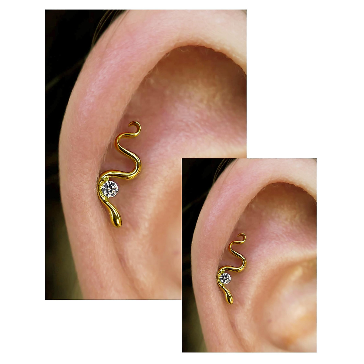 Jewseen 14K Solid Gold Snake Cartilage Earring 16g Flat Back Stud Helix Piercing Jewelry Tragus Earring Conch Stud Titanium Labret Post Lip Ring Nose Stud for Women Men