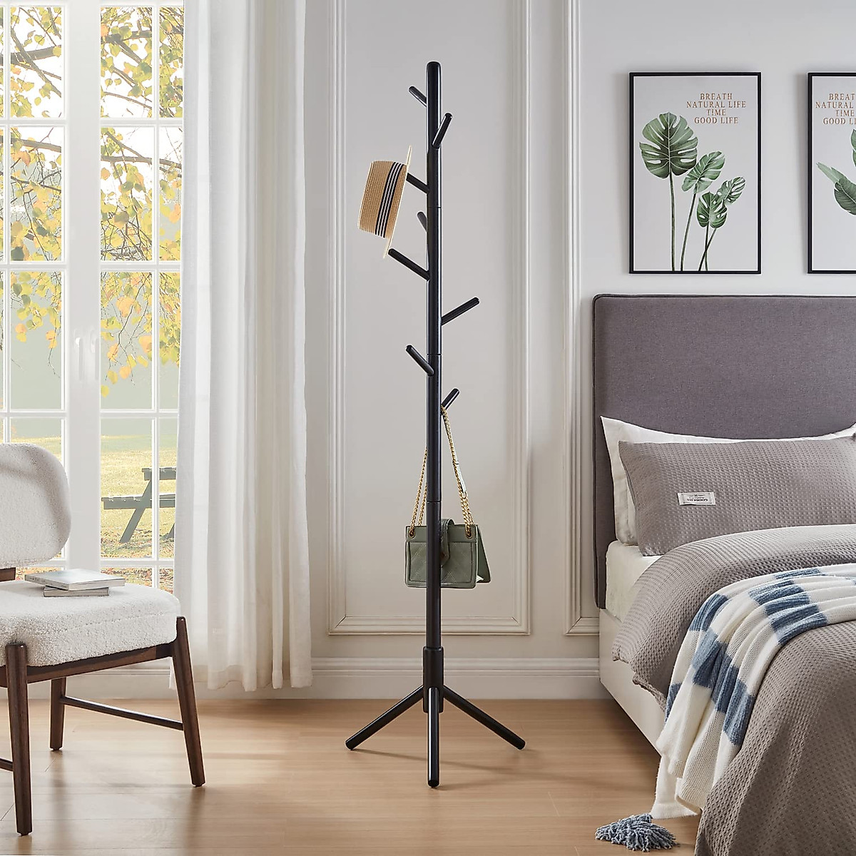 YEVONNIE Solid Rubber Wood Coat Rack, Free Standing Coat Rack, Tree-Shaped Coat Rack with 8 Hooks, 3 Height Options, for Clothes, Hats, Bags, for Living Room, Bedroom, Home Office