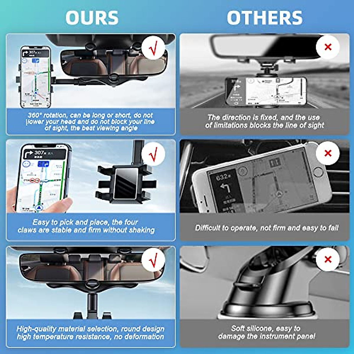 2 Pack Rearview Mirror Phone Holder for Car Multifunctional 360° Rotatable Retractable Car Phone Holder Mount ,Universal Cell Phone Holder Fit All Car and Phone, Charging Cable Included