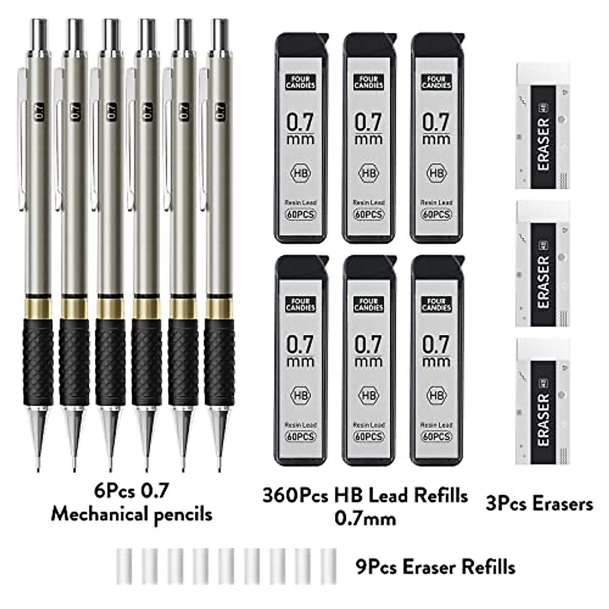 Four Candies Metal Mechanical Pencil Set - 6PCS 0.7mm Art Mechanical Pencils & 360PCS HB Lead Refills & 3PCS Erasers & 9PCS Eraser Refills, Drawing Mechanical Pencils for Writing, Sketching/With Case