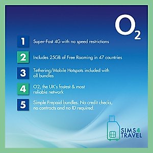 Sims4Travel Prepaid O2 SIM Card Pre-Loaded with 25GB of 4G/5G Data for use in 47 Countries Worldwide (Valid for 30 Days). No Commitments, No Checks, No Tie-ins and No Personal ID. Easy to Renew