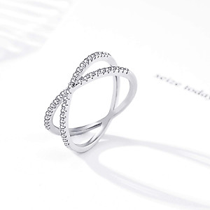 X ring Sterling Silver, Cubic Zirconia X Criss Cross Ring for Women, Mothers Day Jewelry for Wife Girlfriend, Present for Her, Size 6-8 (white-gold-plated-silver, 6)