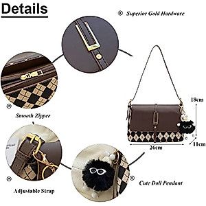 RTGGSEL Retro PU Leather Flap Shoulder Handbags for Women Quilted Lattice Tote Purse Ladies Designer Satchel Hobo Bag with Doll Pendant (Coffee)