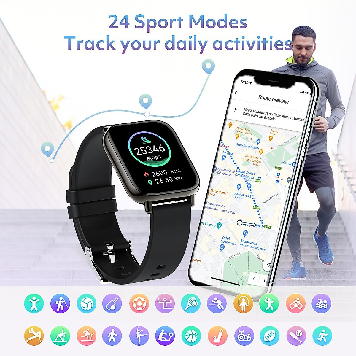 Smart Watch for Men Women, 5ATM Waterproof Fitness Tracker Smartwatch with Heart Rate Blood Pressure Sleep Monitor Step Calories Counter Outdoor Smart Watches for Android iOS Phones 24 Sports Model