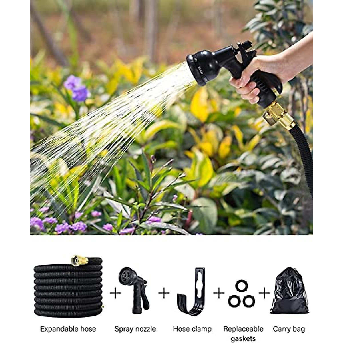 PEISONGFEI Garden Expandable Hose with 8 Function Hose Nozzle, Lightweight Anti-Kink Flexible Garden Hoses, Extra Strength Fabric with Double Latex Core 50 FT, Black