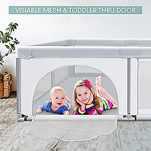 Baby Playpen, Large Playard, Indoor & Outdoor Kids Activity Center with Anti-Slip Base, Sturdy Safety Play Yard with Breathable Mesh, Kid's Fence for Infants Toddlers (Light Grey, 59”x47”)