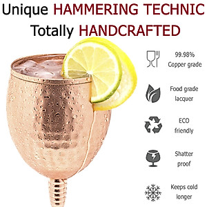 Copper wine glasses set of 2 – 11oz gleaming 100% solid hammered copper wine cups on brass copper plated stems – a gift for men and women – great glasses for red or white wine and Moscow mules