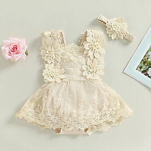 Engofs Newborn Baby Girl Lace Romper Boho Clothes Princess Dress 1st Birthday Photoshoot Cake Smash Outfit Apricot 12-18 Months