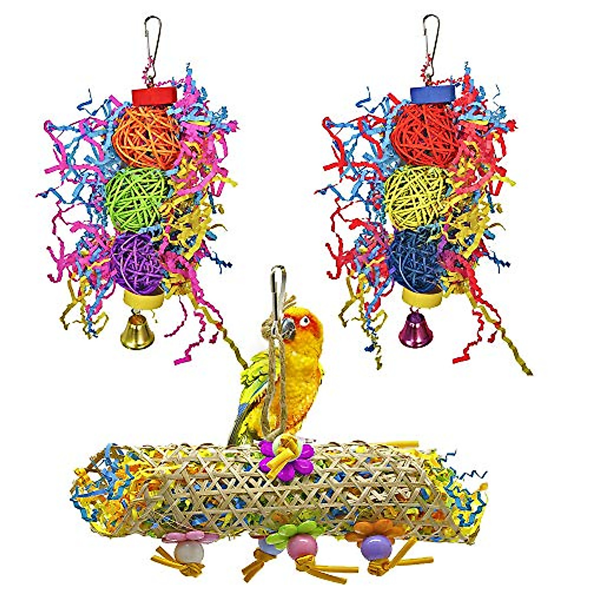 Meric Parrot Toys, Chewing Hanging Kabobs and Shredder Burrito Toys, Bright Colorful Irresistible Foraging Fest, Unleash The Amazing Amazon in Your Parrot, Conure, Cockatiel, African Grey, 3 pcs/Pack