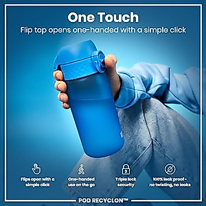 Ion8 Small Water Bottle, 350 ml/12 oz, Leak Proof, Easy to Open, Secure Lock, Dishwasher Safe, BPA Free, Carry Handle, Hygienic Flip Cover, Easy Clean, Odor Free, Carbon Neutral, Blue