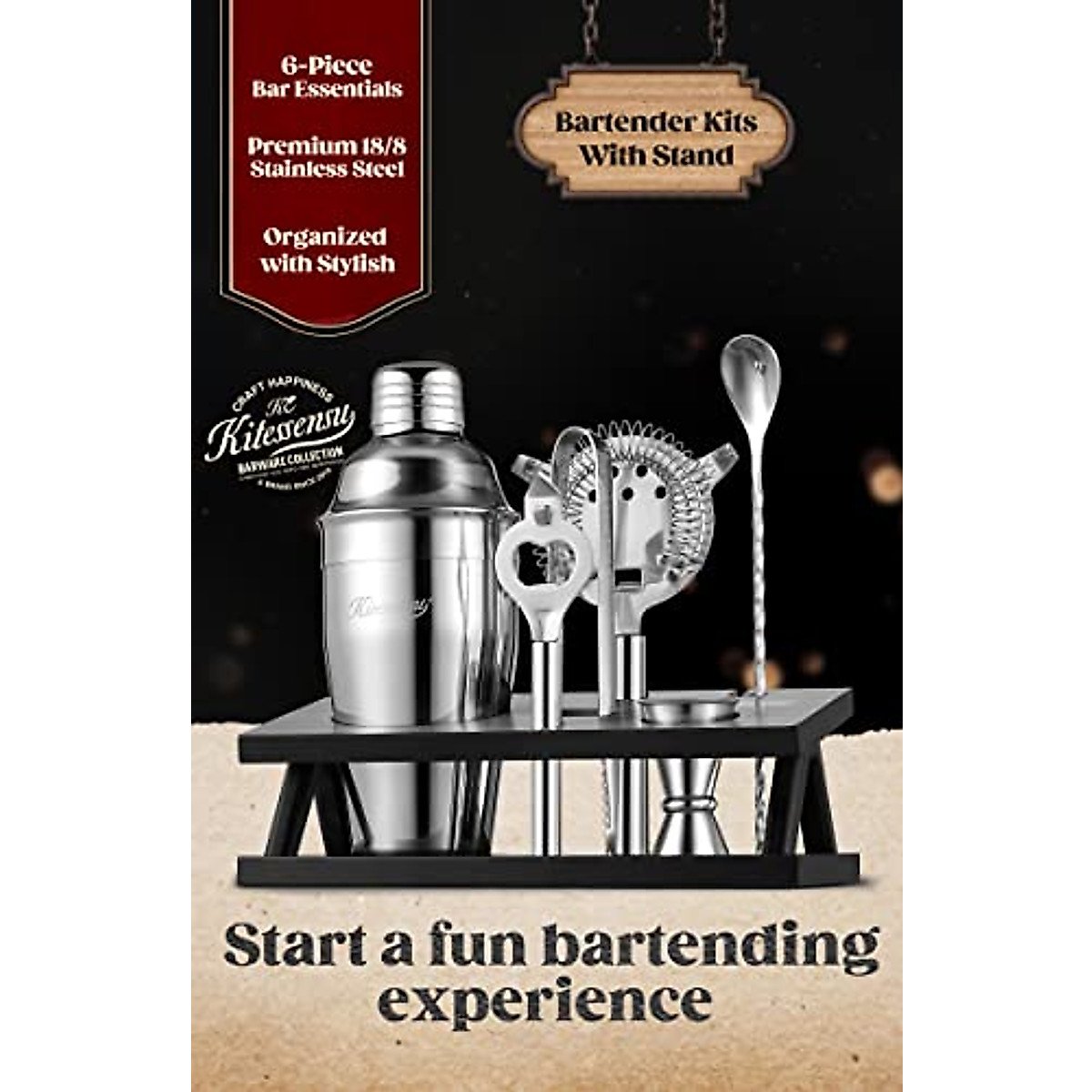 KITESSENSU 6-Piece Bar Set Cocktail Shaker Set - Mixology Bartender Kit with Stand - Silver Bar Kit for Drink Mixing - Bar Tools: Martini Shaker, Jigger, Strainer, Bar Spoon, Tongs, Opener