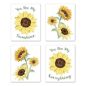 Sweet Jojo Designs Yellow, Green and White Sunflower Boho Floral Wall Art Prints Room Decor for Baby, Nursery, and Kids - Set of 4 - Farmhouse Watercolor Flower, You are My Sunshine