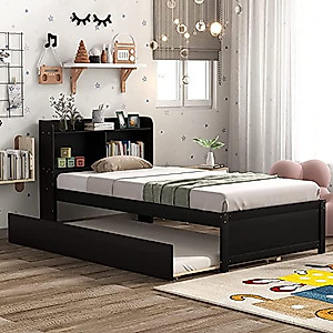 Harper & Bright Designs Twin Bed with Trundle, Twin Bed Frame with Bookcase Headboard, Wood Twin Platform Bed with Pull Out Trundle Bed for Kids Girls Boys,No Box Spring Needed,Espresso