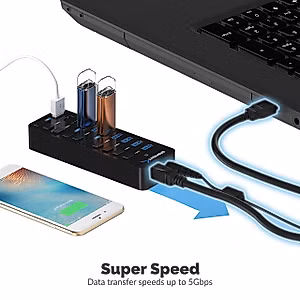 60W 10 Port USB 3.0 Hub Includes 3 Smart Charging Ports with Individual Power Switches and LEDs and 60W 12V/5A Power Adapter+USB Bluetooth 4.0 Micro Adapter for PC [v4.0 Class 2 with Low Energy Techno