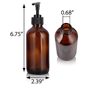 8 oz Amber Boston Round Thick Glass Bottle with Black Lotion Pump (2 Pack) + Label
