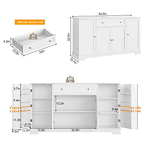 HITHOS 54" Buffet Cabinet with Storage, Modern Kitchen Buffet Sideboard with Drawer, Wood Coffee Bar Cabinet with Adjustable Shelves, Kitchen Storage Cabinet for Living Room, White