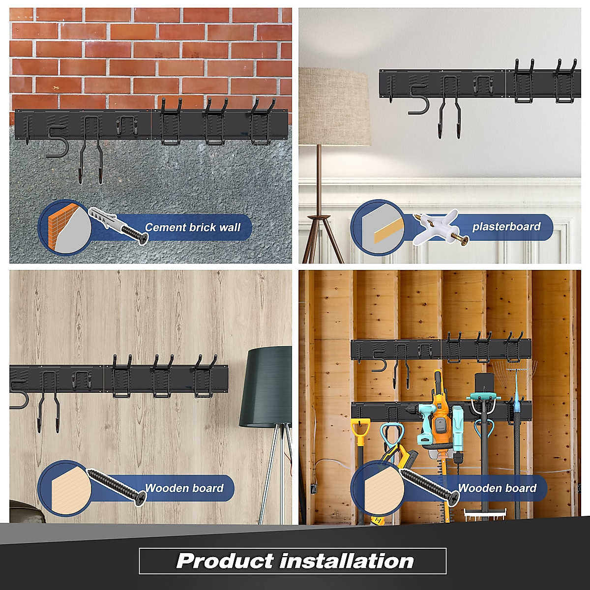 Sttoraboks Garage Tool Storage Rack, Heavy Duty Garage Storage Organizer Rack System,Wall Mounted Tool with 8 double hooks, 3 rails, Garden Yard Tools Hanger Rack for Ski Gears,Broom, Rake,Shovel
