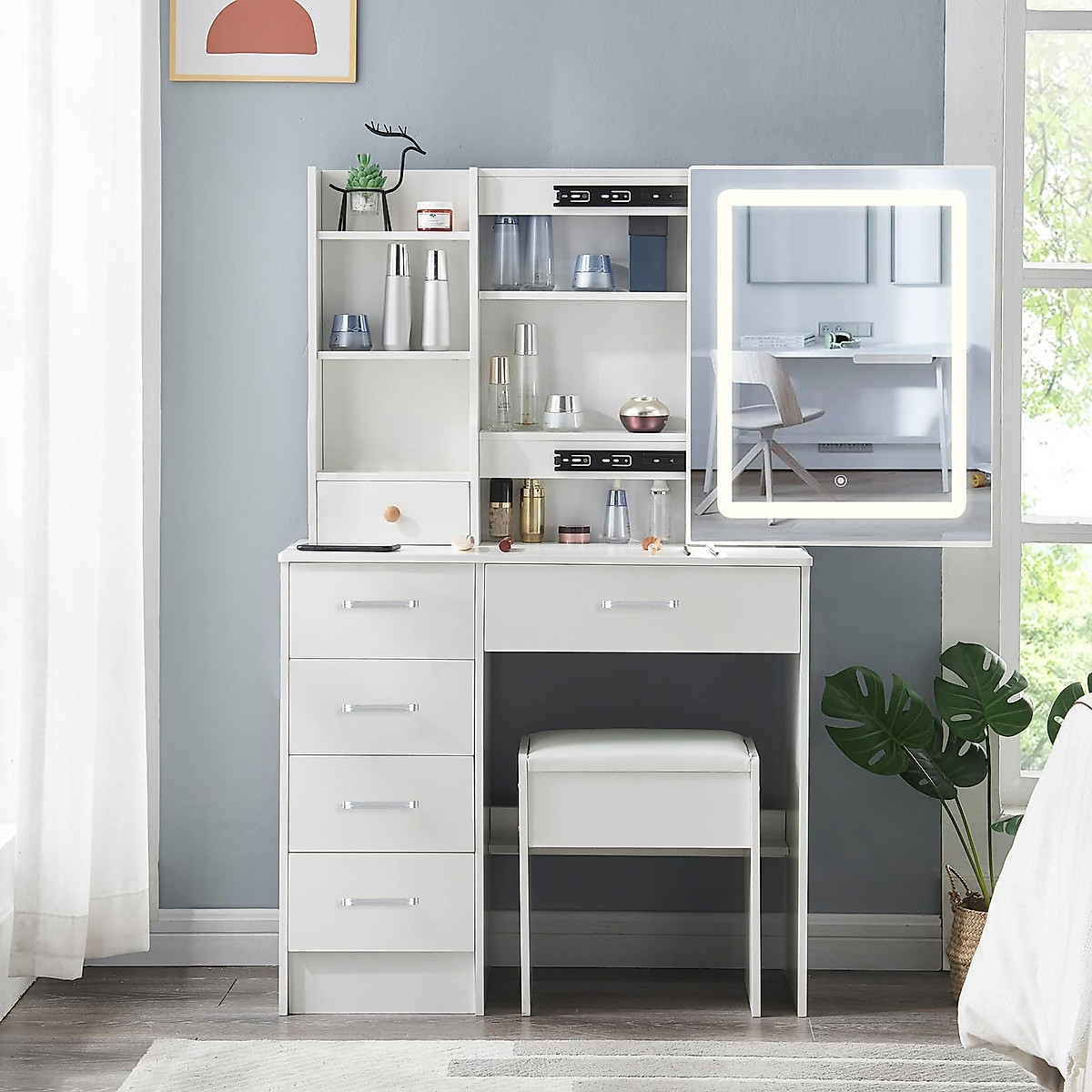 Hikooo Makeup Vaniy with LED Lights,Vanity with Lighted Mirror and Chair, Vanity Table with Lights and Drawers,Vanity Makeup Desk with Stool and Storage Shelves,Bedroom Furniture White