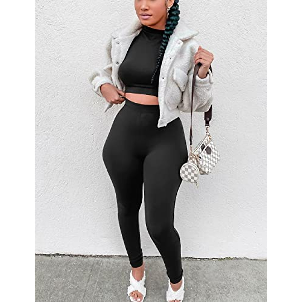 Mizoci Women's Workout 2 Piece Outfits Crop Top High Waisted Legging Pants Set Long Sleeve Track Suits Jumpsuit,Medium,Black