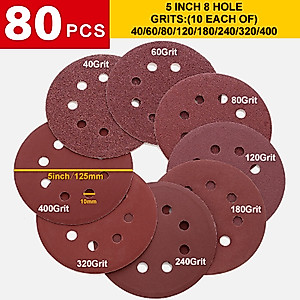HIHANG Sandpaper Sanding Discs 5 Inch 8 Hole 80PCS 40 60 80 120 180 240 320 400 Grit, Hook and Loop Sanding Pads for Random Orbital Sander