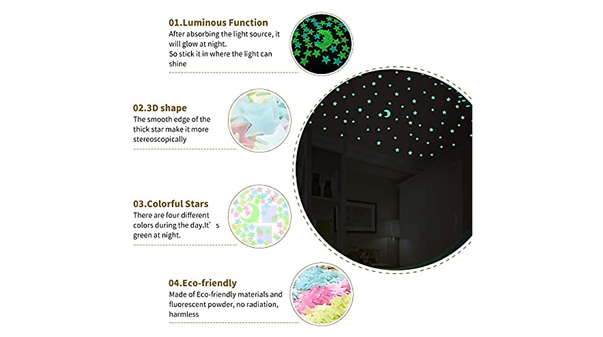 Colorful Glow-in-the-Dark Stars & Moon for Kids' Rooms