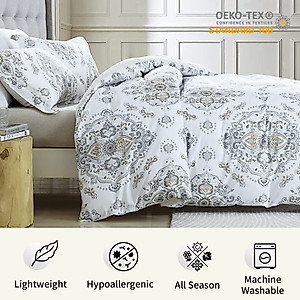 Bedduvit 100% Cotton Duvet Cover Queen Size - Soft Paisley Queen Duvet Cover Set, 3 Pieces All Season Reversible Damask Bedding Comforter Sets with 2 Pillow Shams, White/Yellow, 90"x90"