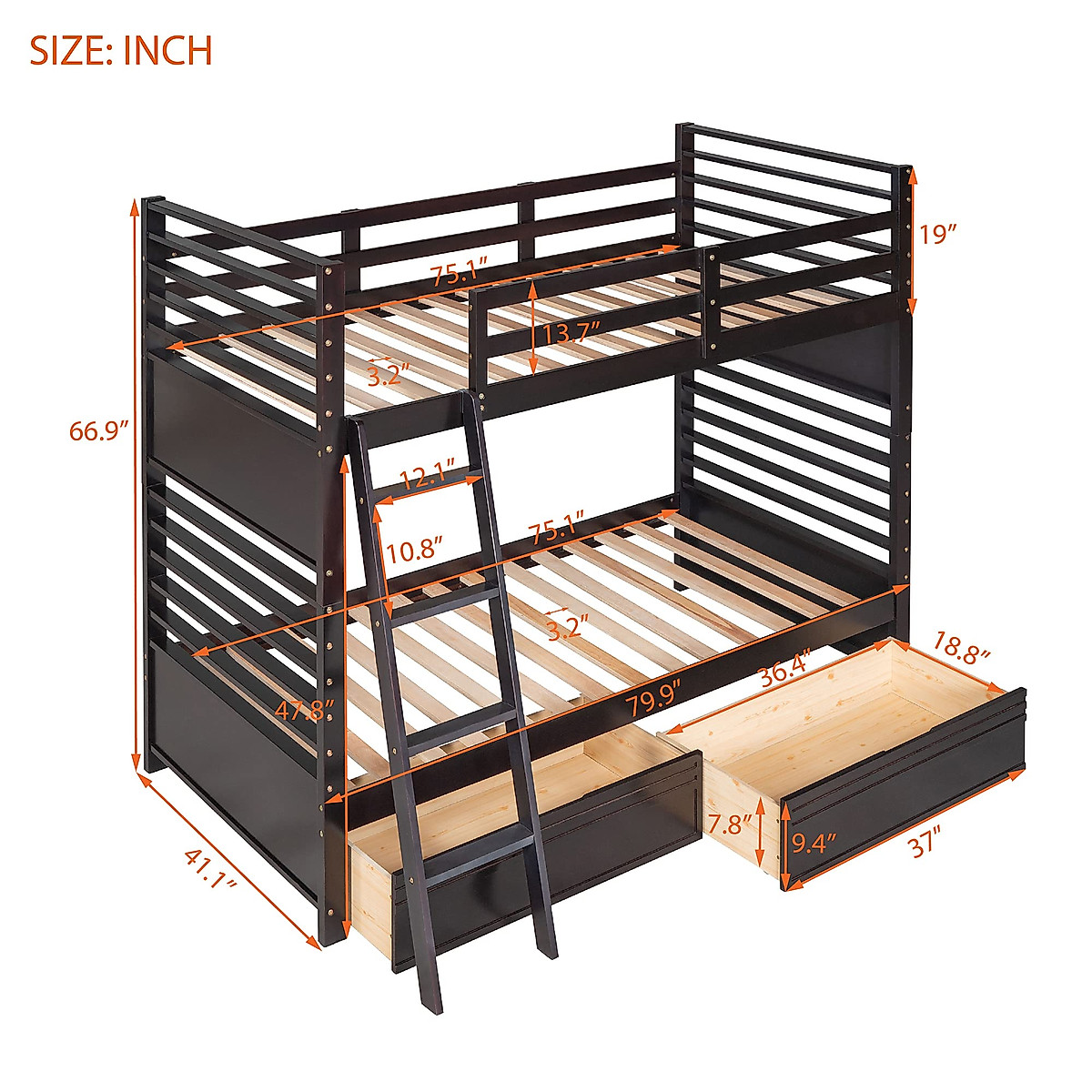 Twin over Twin Bunk Bed with Two Storage Drawers, Solid Wood Bunk Beds with Guardrails and Angle Ladders for Kids Boys Girls Teens, can be Divided into Two Individual Beds (Twin Size, Espresso)