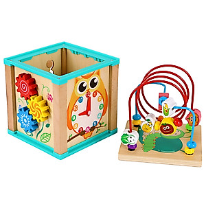 TOWO Wooden Activity Cube Beads Maze -5 Activities Roller Coaster Abacus Cog Wheels Gears Clock Zig Zag Slide-Early Educational Toys for Baby -Educational Wooden Toys for 1 Year Old Montessori Toys