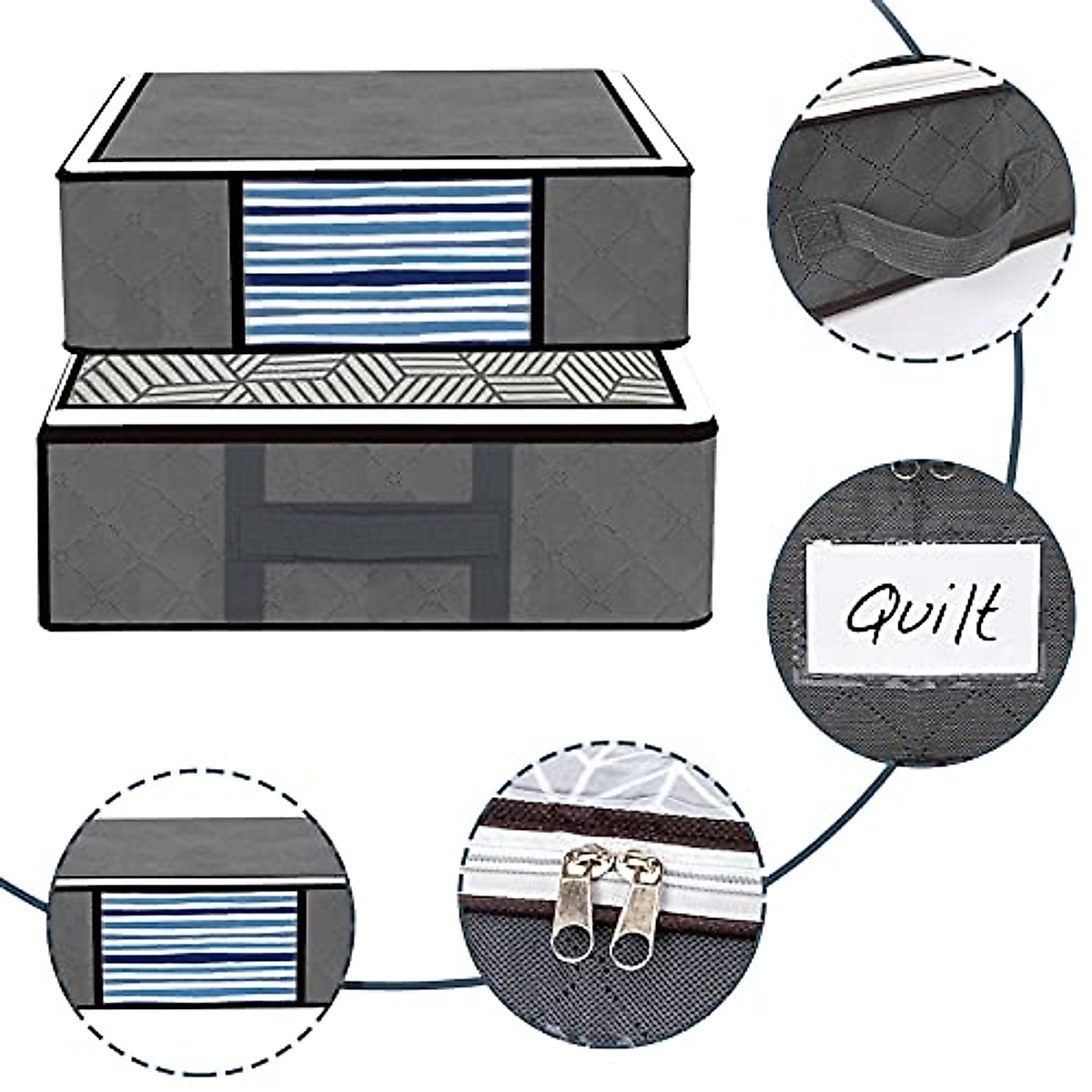 Isbasa 4 Pack Under Bed Storage Bags, 2 Foldable Underbed Storage Bags and 2 Organizer Bins with 4 Reinforced Handles, Pocket for Labels and Clear Windows for Clothes, Blankets, Bedding, Grey