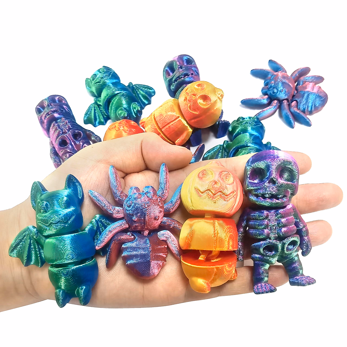 Cherislpy 4Pcs 3D Printed Pumpkin, Bat, Spider,Skeleton Man Statue Fidget Toys for Halloween Decor, Halloween Decorations for Craft Haunted House Accessories Party Favors